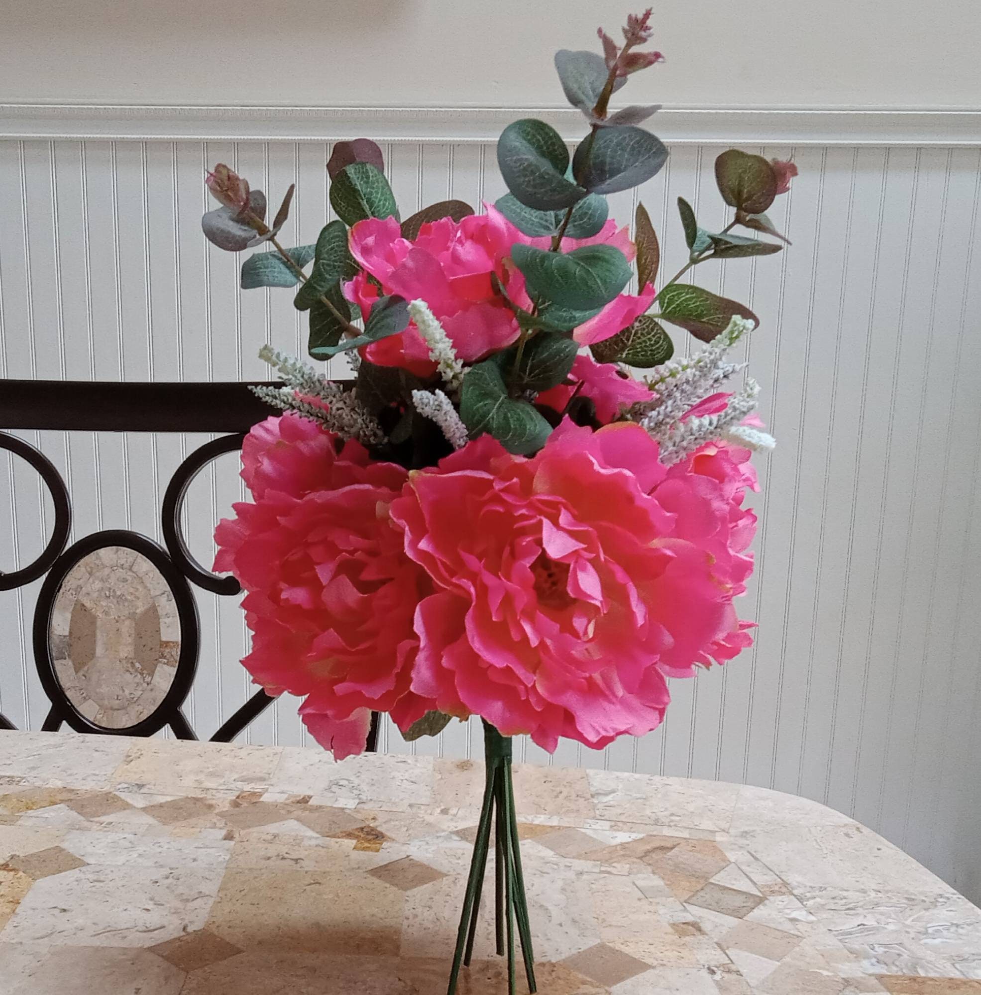 Pink Peony Bouquet Arrangement Topiary in Vase Basket 15"h 9"w ...