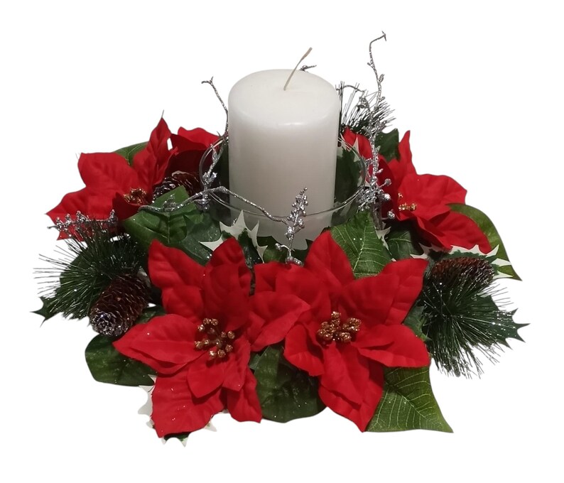 Christmas Red Poinsettia Candle Ring / Wreath 12" Silk Flower ...
