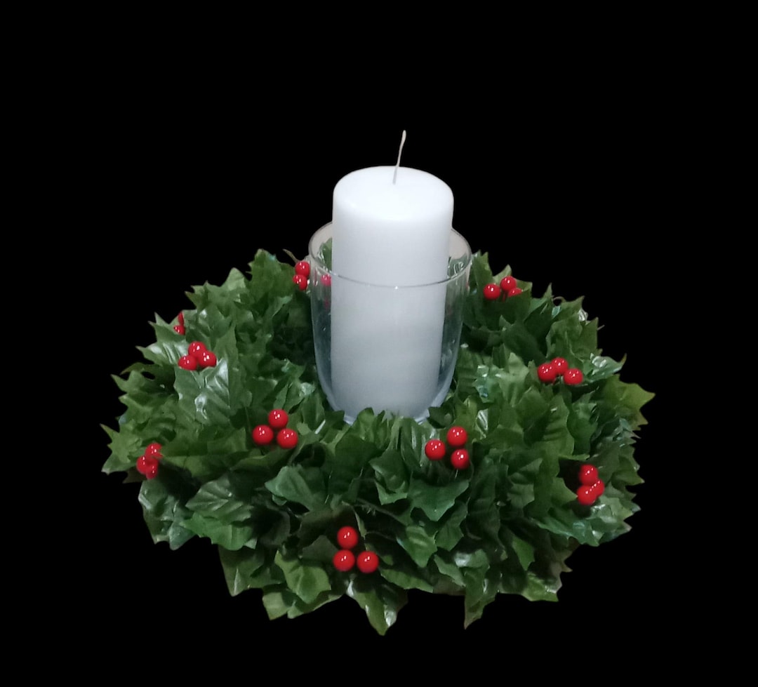 Christmas Holly Berry Candle Large Ring / Wreath 14" Red & Green Silk ...