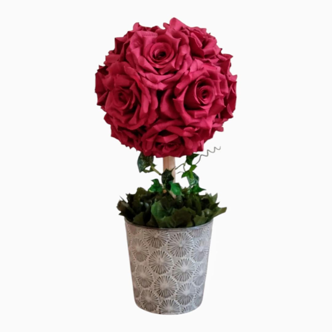 Burgundy Rose Topiary: 16" Silk Flower Arrangement in Grey Vase EST146 ...