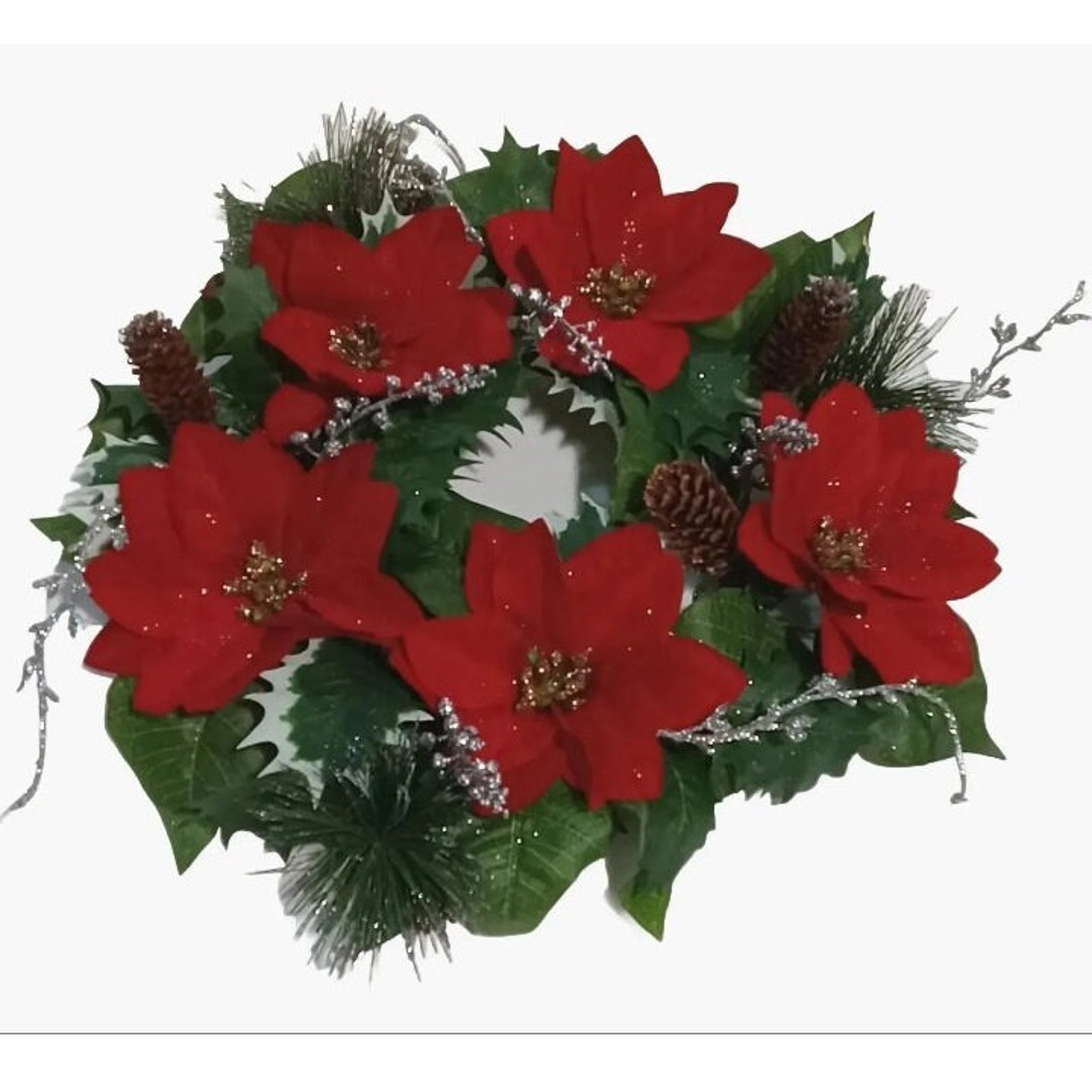 Christmas Red Poinsettia Candle Ring / Wreath 12" Silk Flower ...