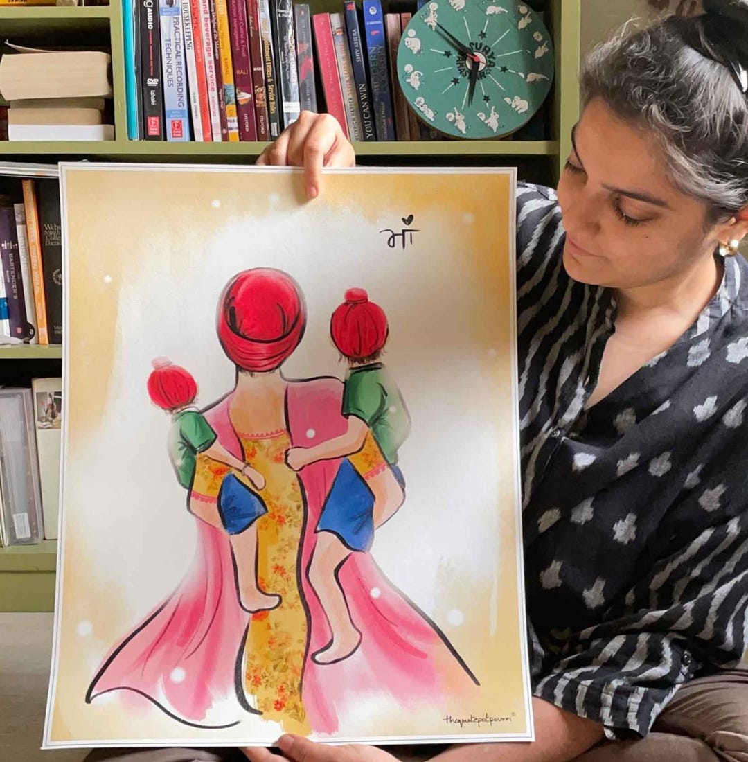Turbaned Mother and Kids | Punjabi Mom | Mother Holding Children Art ...
