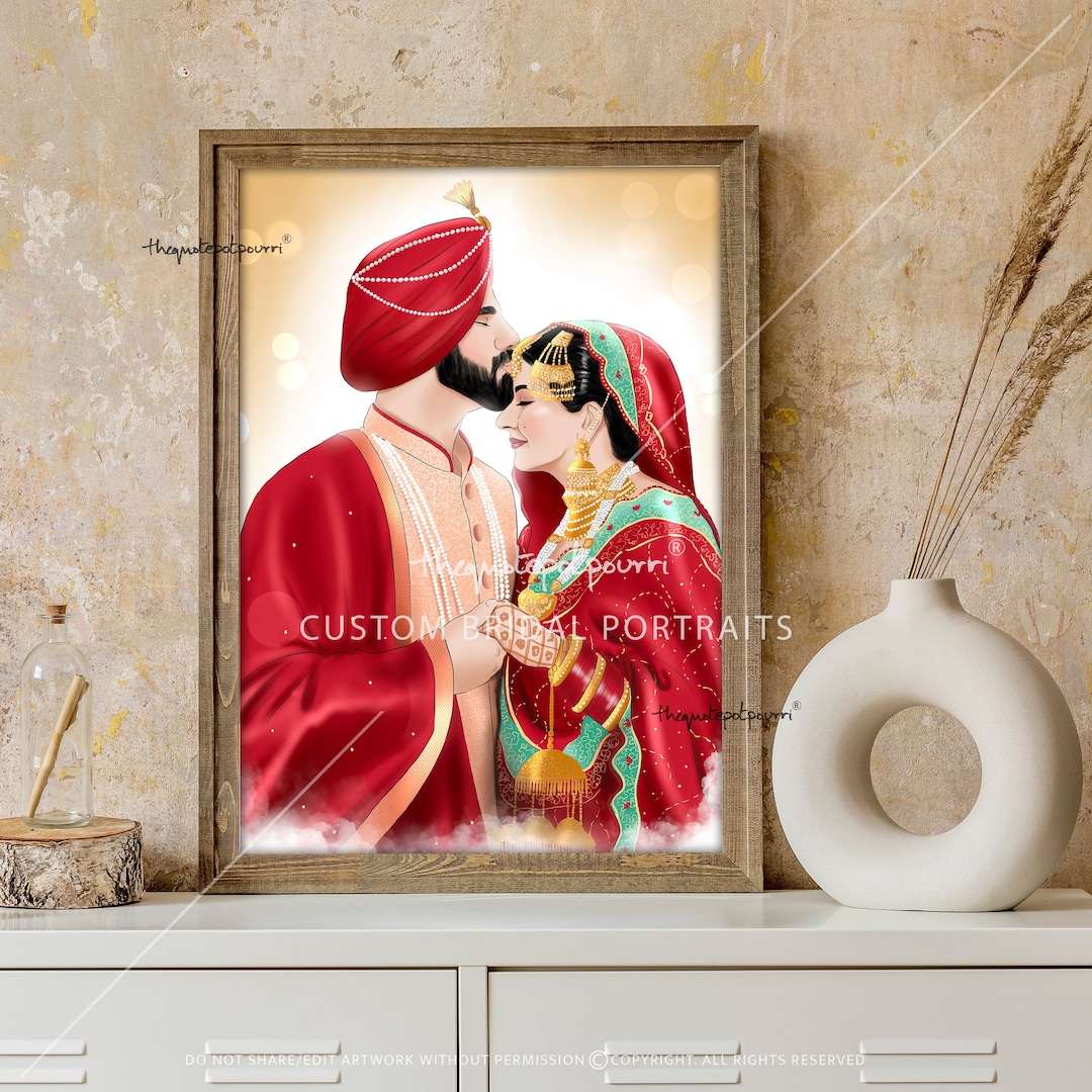 WEDDING PORTRAITS Indian Bride Groom Sketch Indian Couple Illustration ...
