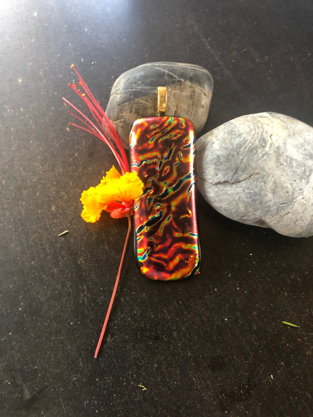Oil Slick Metallic Pillar Pendant, Dichroic Glass - Etsy