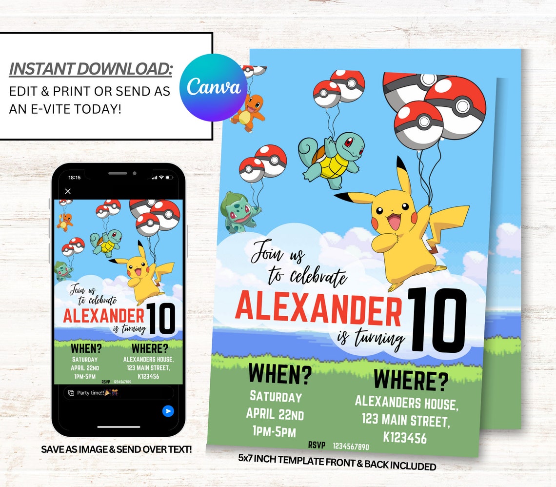 Invitaciones de Pokémon Invitación de cumpleaños de Pokémon - Etsy México