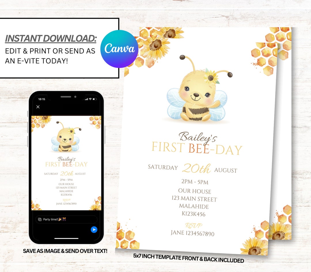 First Bee Day Invitation, Bee Invitations, 1st Bee-day Invites, Instant ...