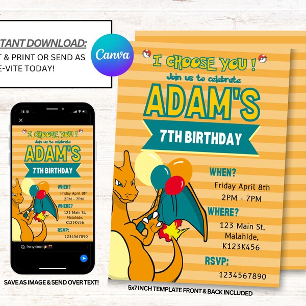Charizard Birthday Invitations - Etsy