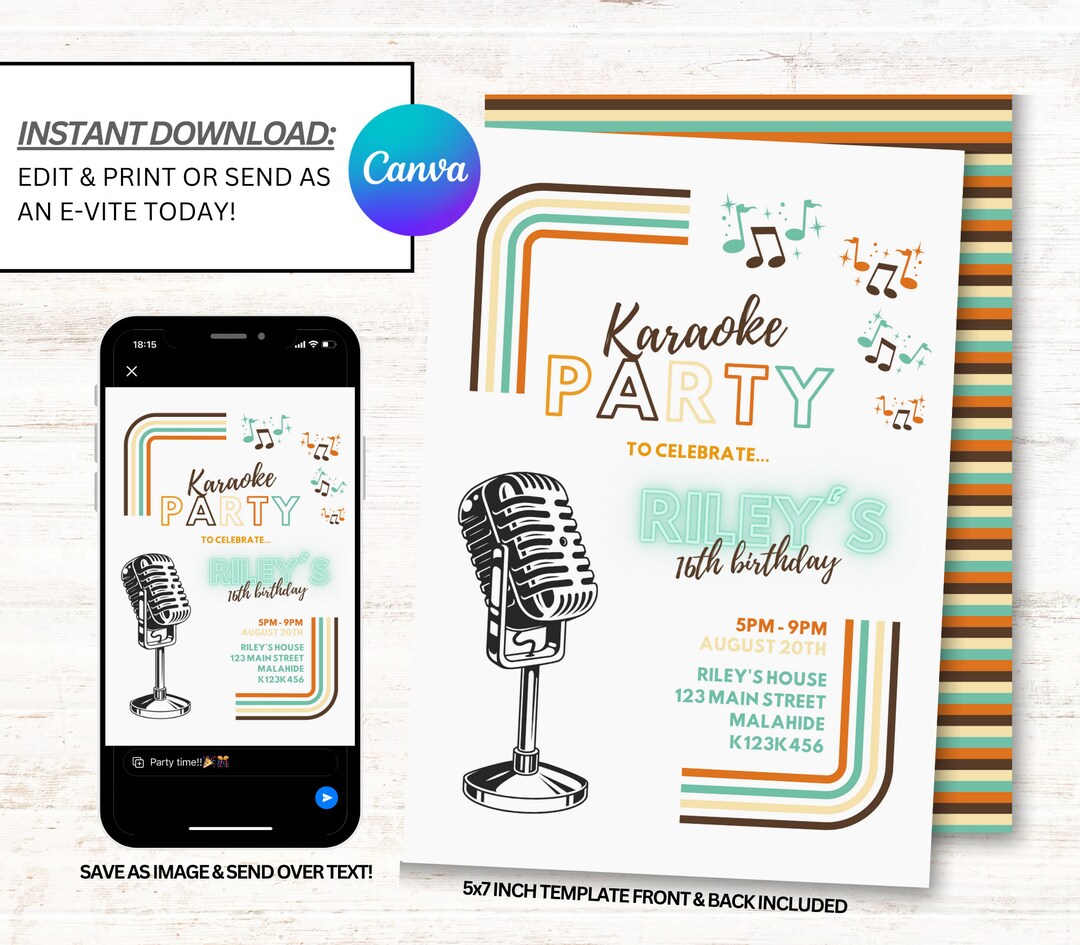 Karaoke Party Invite, Karaoke Birthday Invitation, Instant Download - Etsy