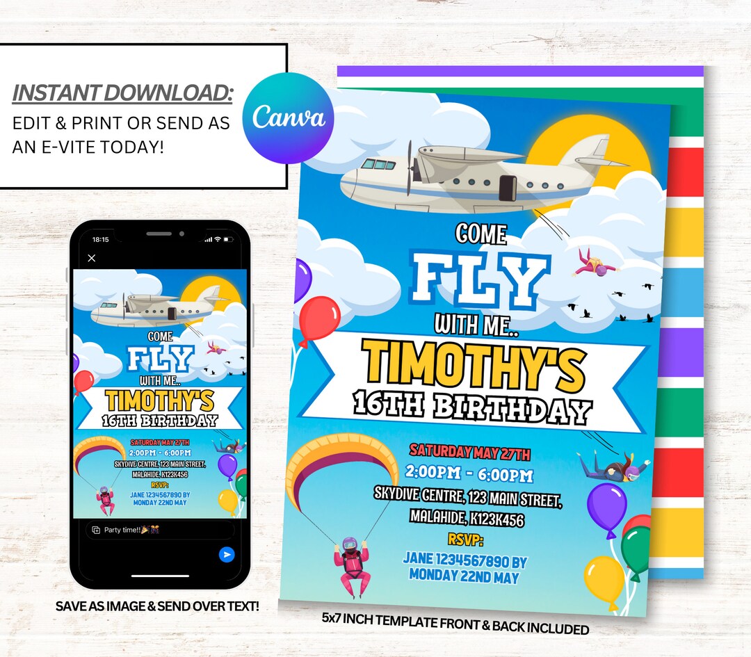 Skydive Invitations, Skydive Birthday Invitation, Skydive Party Invites ...