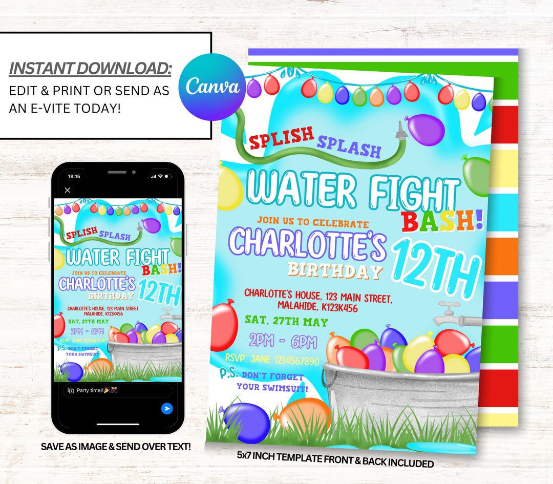 Water Balloon Invitations, Water Balloon Birthday Invitation, Water ...