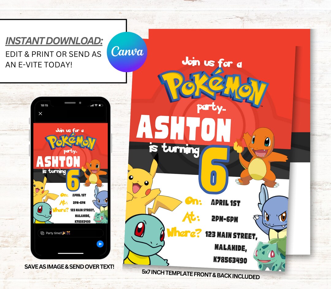 Pokemon Birthday Invitation, Pokemon Invitations, Pokemon Invites ...