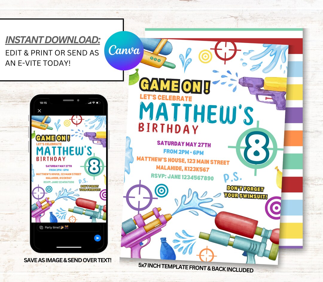 Water Gun Invitations, Water Fight Birthday Invitation, Water Gun Party ...