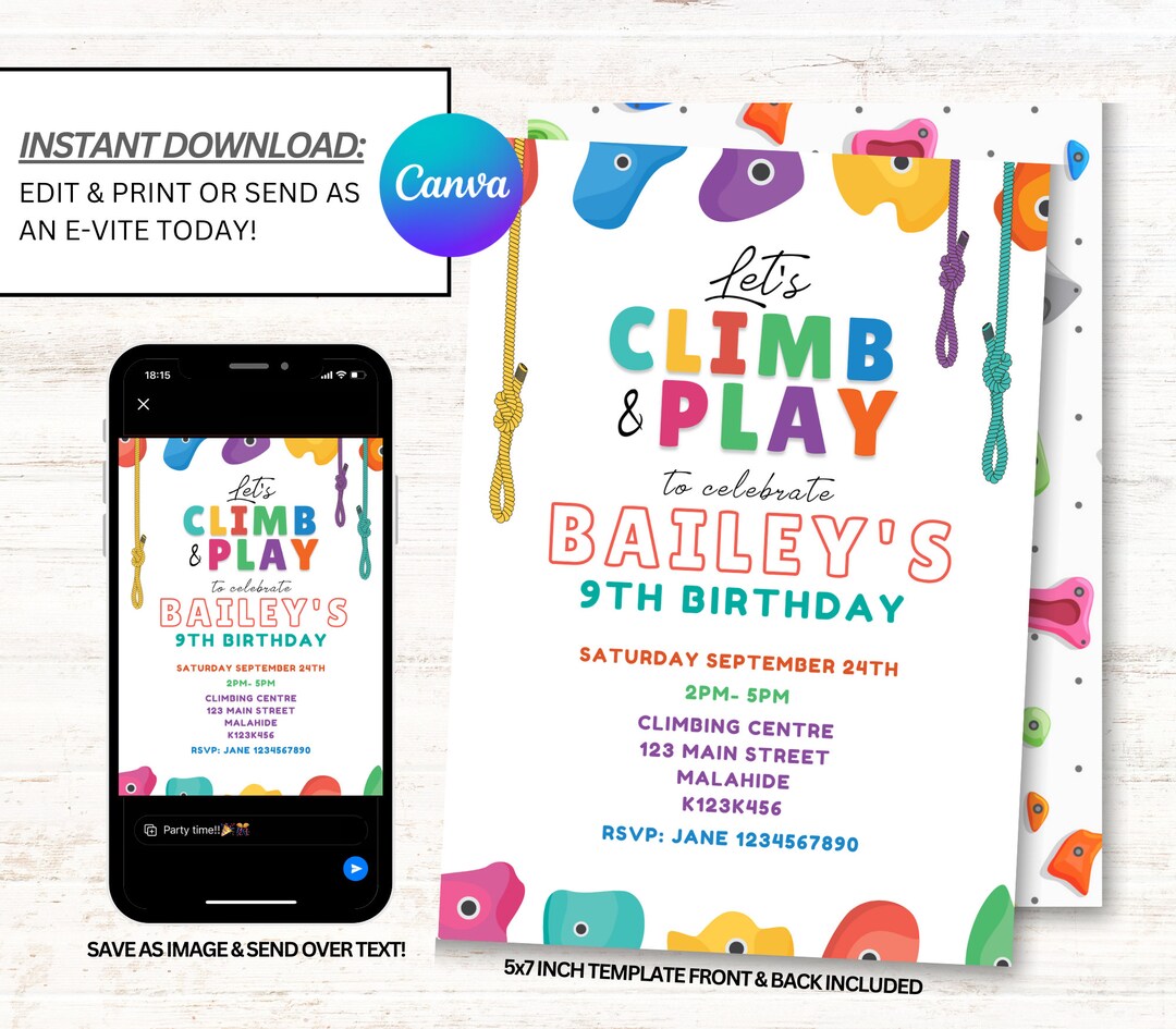 Rock Climbing Invitation, Wall Climbing Party, Abseiling Birthday Party ...