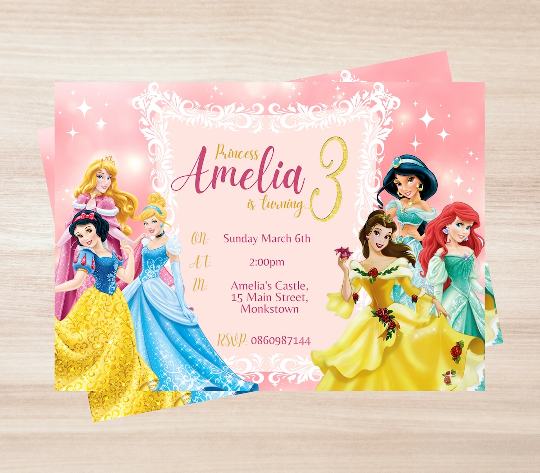 Princess 3rd Birthday Party Invitation - Princesses Theme Invite - Etsy