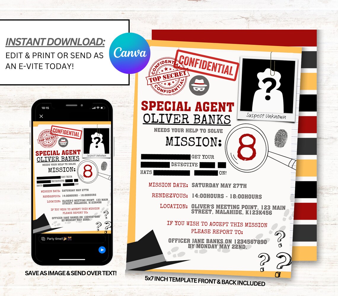 Spy Invitation, Detective Birthday Invitations, Spy Invites, Detective ...