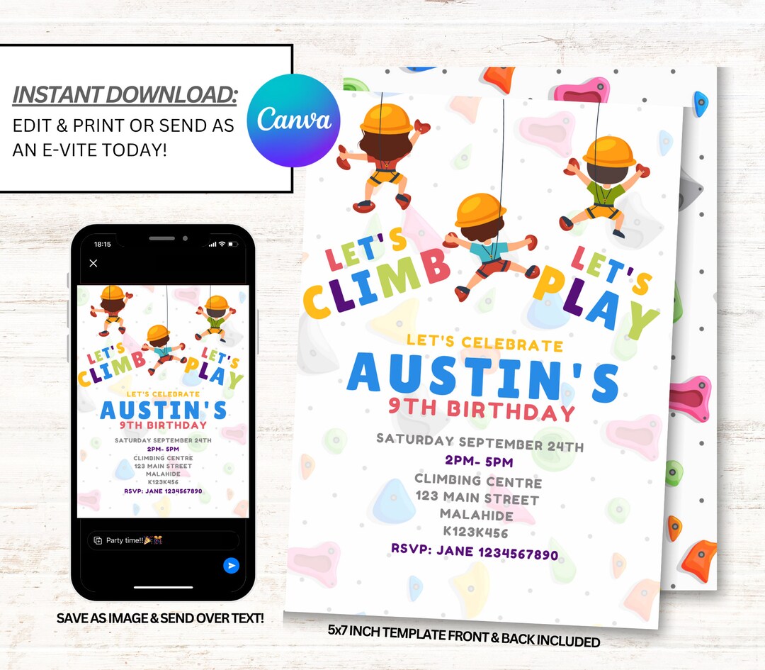 Rock Climbing Invitation, Wall Climbing Party, Abseiling Birthday Party ...