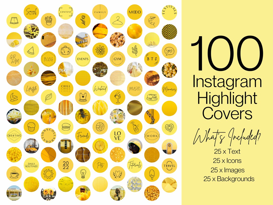 100 Yellow Instagram Story Highlight Covers Canva Editable - Etsy