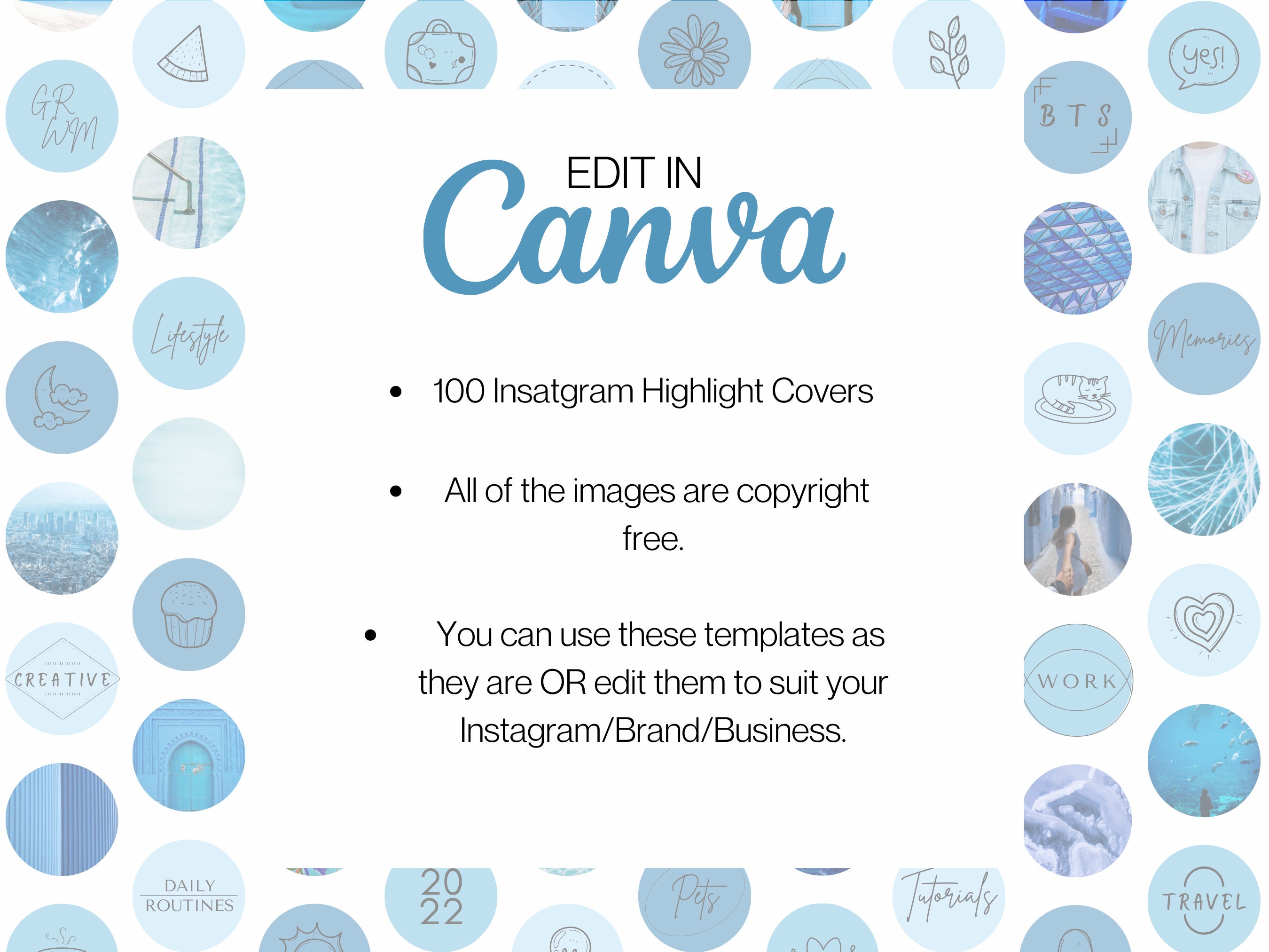 100 Blue Instagram Story Highlight Covers Canva Editable - Etsy