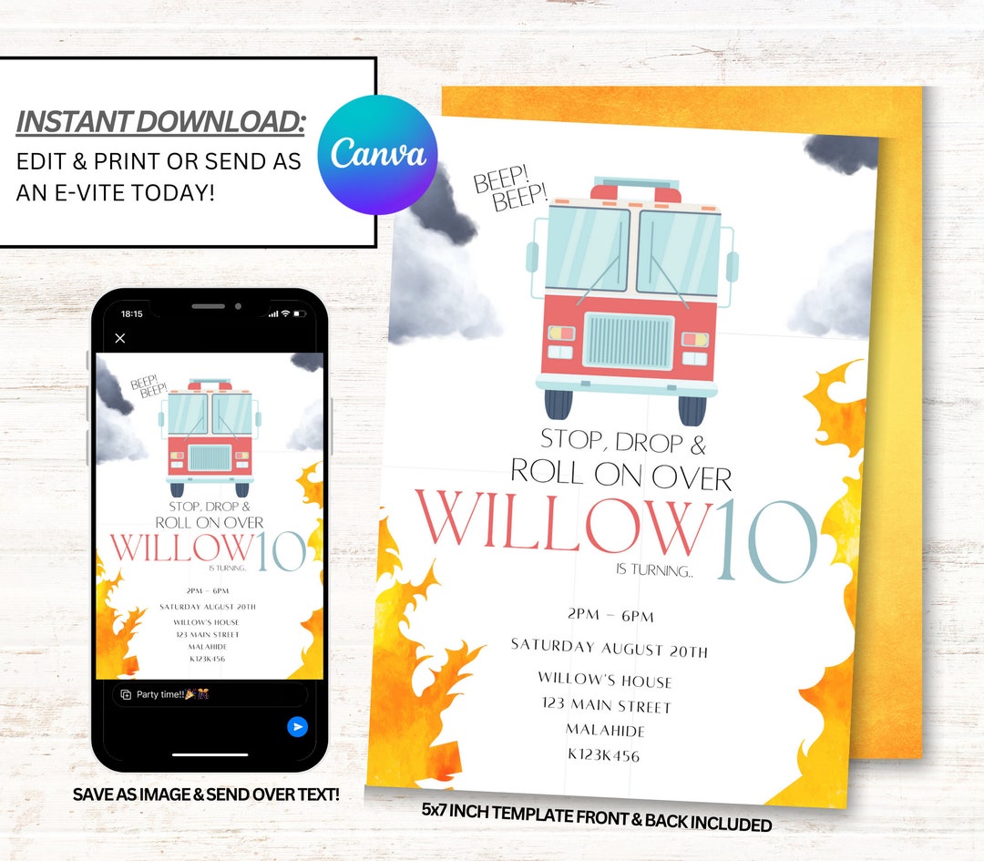 Fire Truck Invitation, Fireman Invite, Fire Engine Invitation, Instant ...