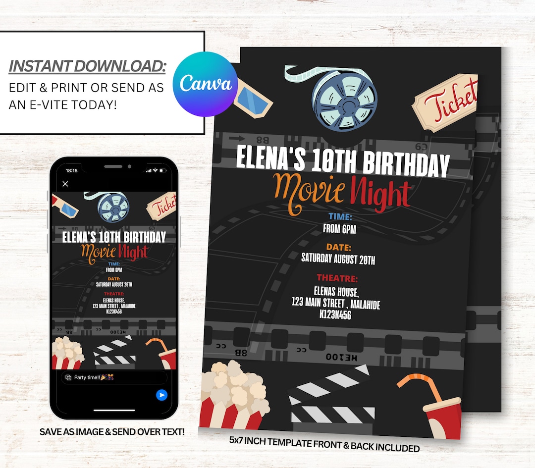 Movie Party Invitation, Movie Party Invites, Movie Invitations, Instant ...