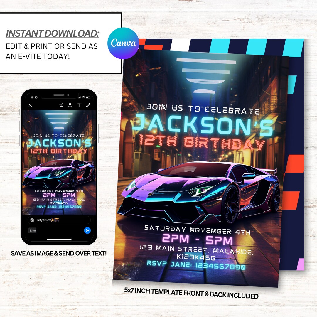 Lamborghini Invitation, Lamborghini Party Invites, Neon Birthday ...