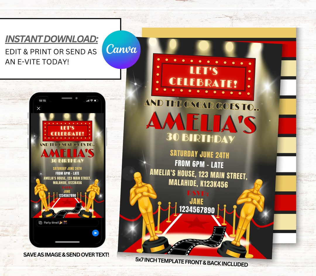 Oscar Party Invite, Oscars Theme Party Invitation, Oscars Invitations ...