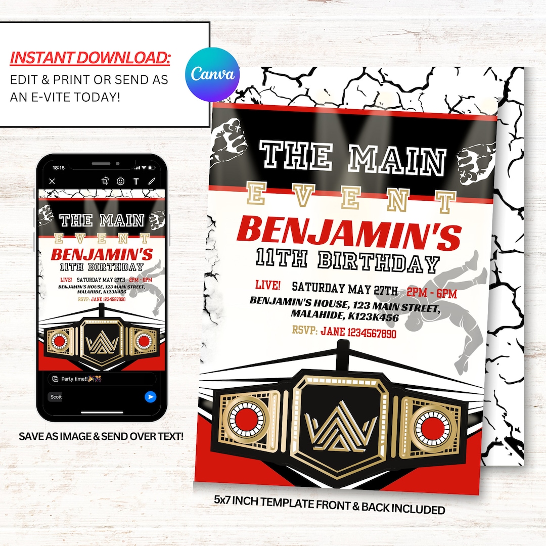Wrestling Invite, Wrestling Invitation, Wrestling Birthday Invites ...