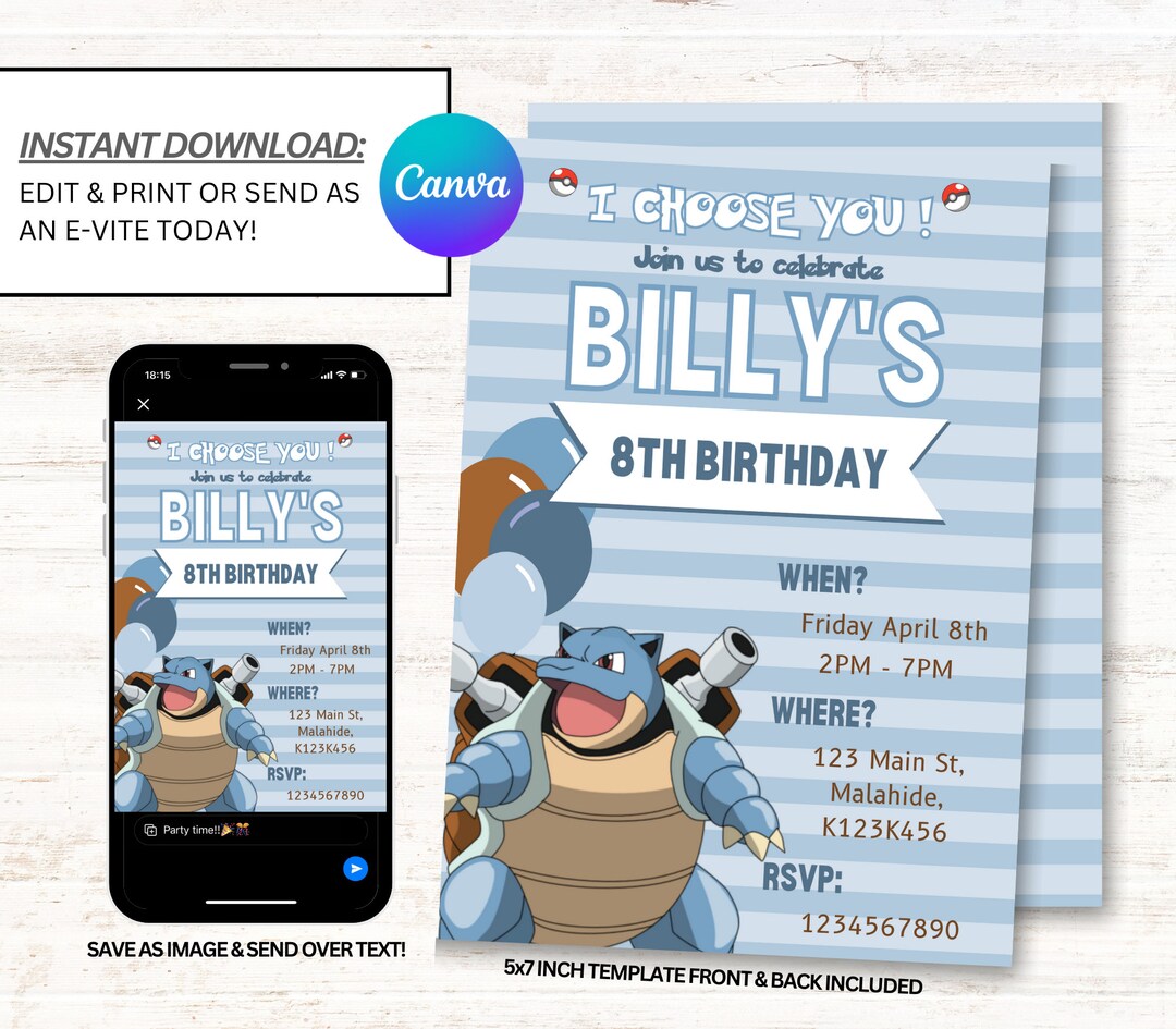 Blastoise Invitations, Pokemon Invitations, Pokemon Birthday Invites ...