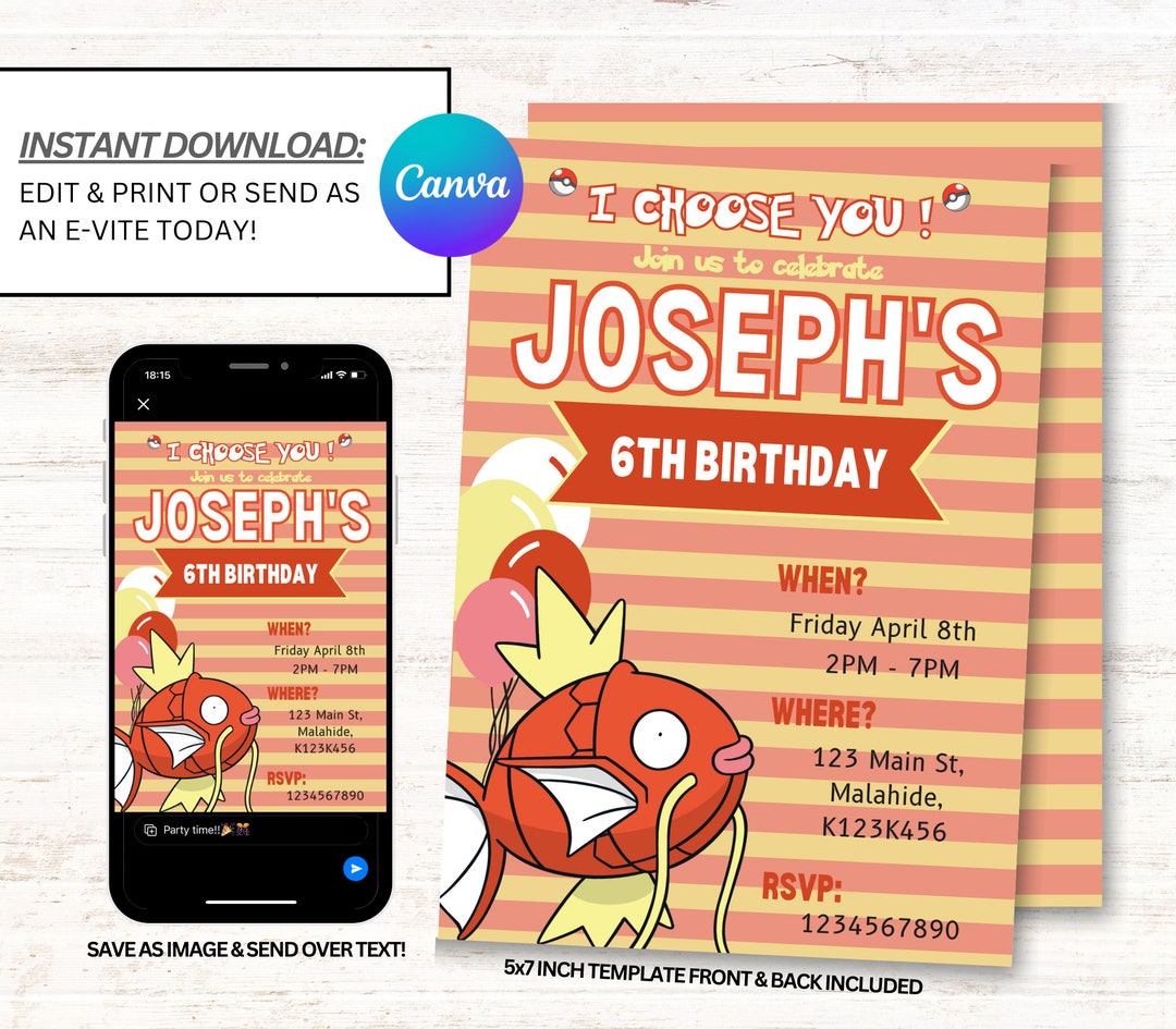 Magikarp Invitation, Magikarp Birthday Invite, Pokemon Invitations ...