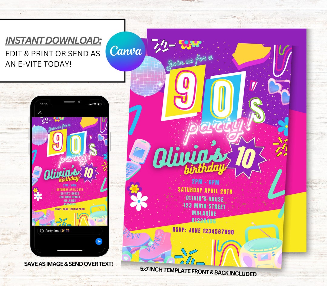 90's Birthday Invitations, 90s Party Invites, 90s Invitations, Instant ...
