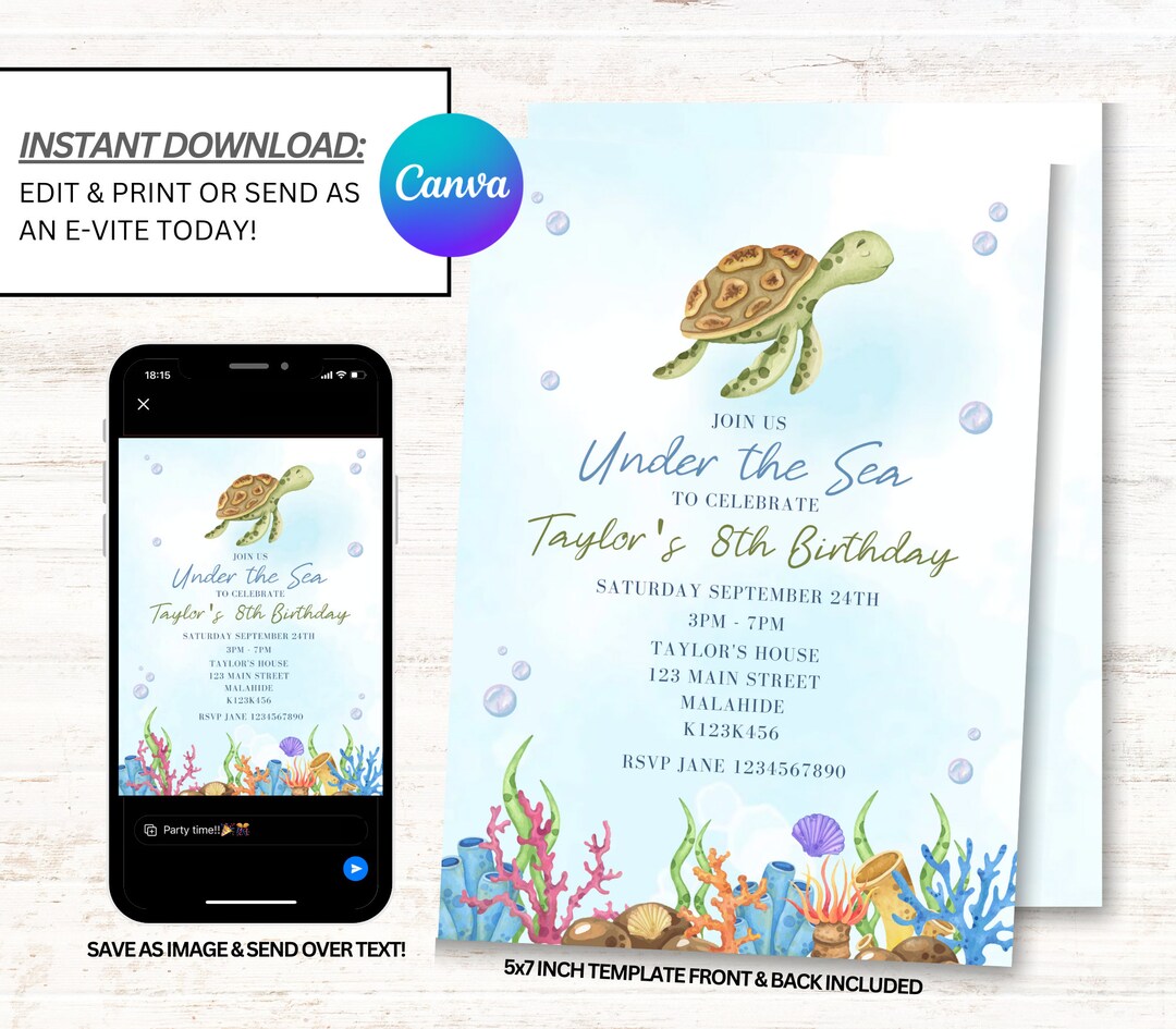 Turtle Invitation, Turtle Invitations, Under the Sea Invitation, Under ...