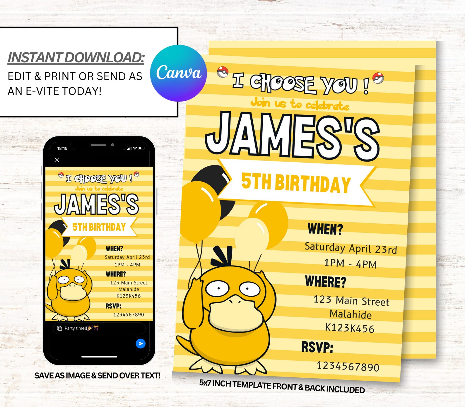 Psyduck Invitation, Pokemon Invitations, Pokemon Birthday Invites ...