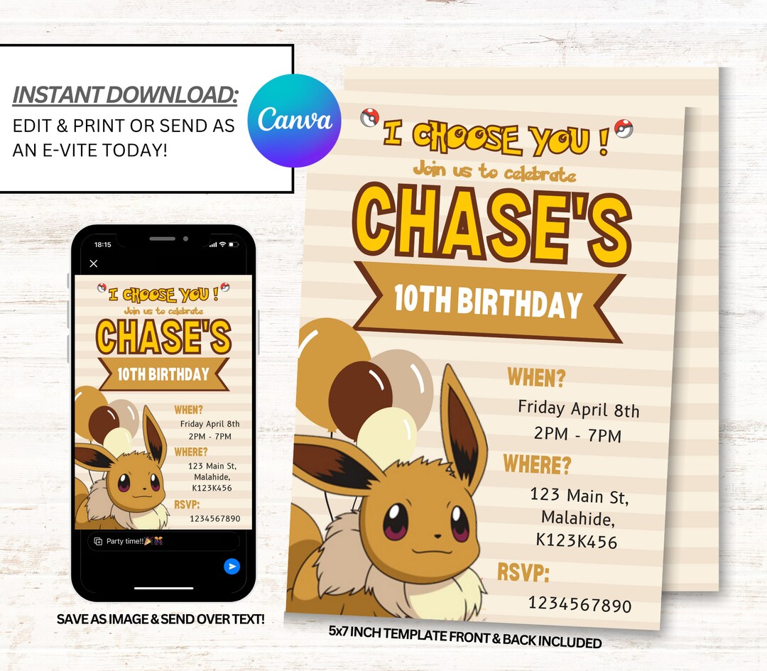 Eevee Invitations, Pokemon Invitations, Pokemon Birthday Invites ...