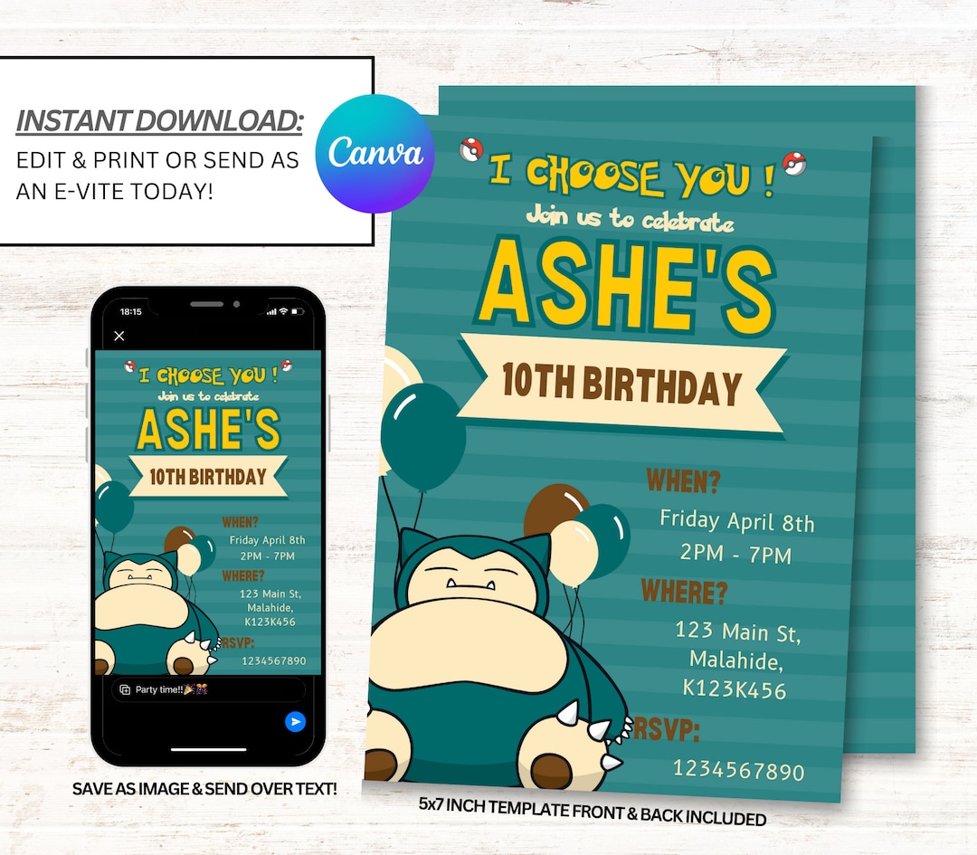 Snorlax Invitations, Pokemon Invitations, Pokemon Birthday Invites ...