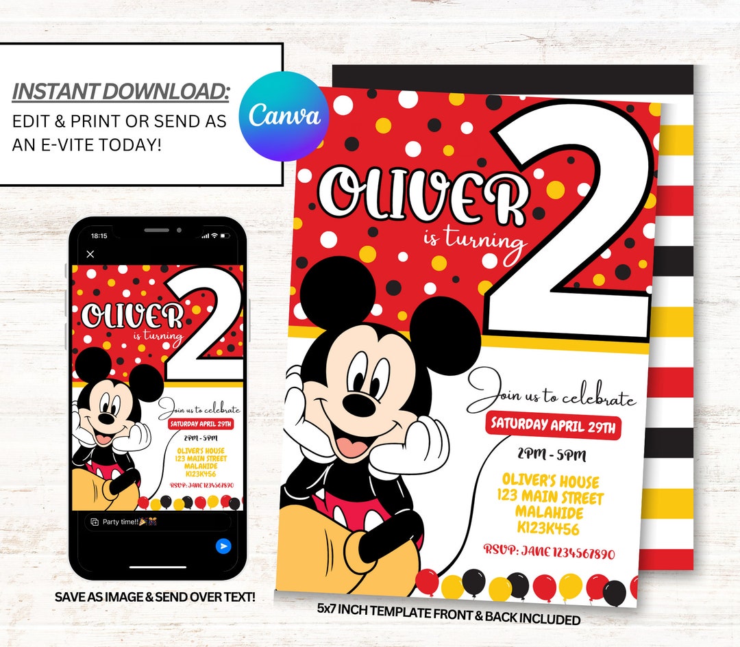 Mickey Mouse 2nd Birthday Invitation, Mickey Mouse Invites, Mickey ...