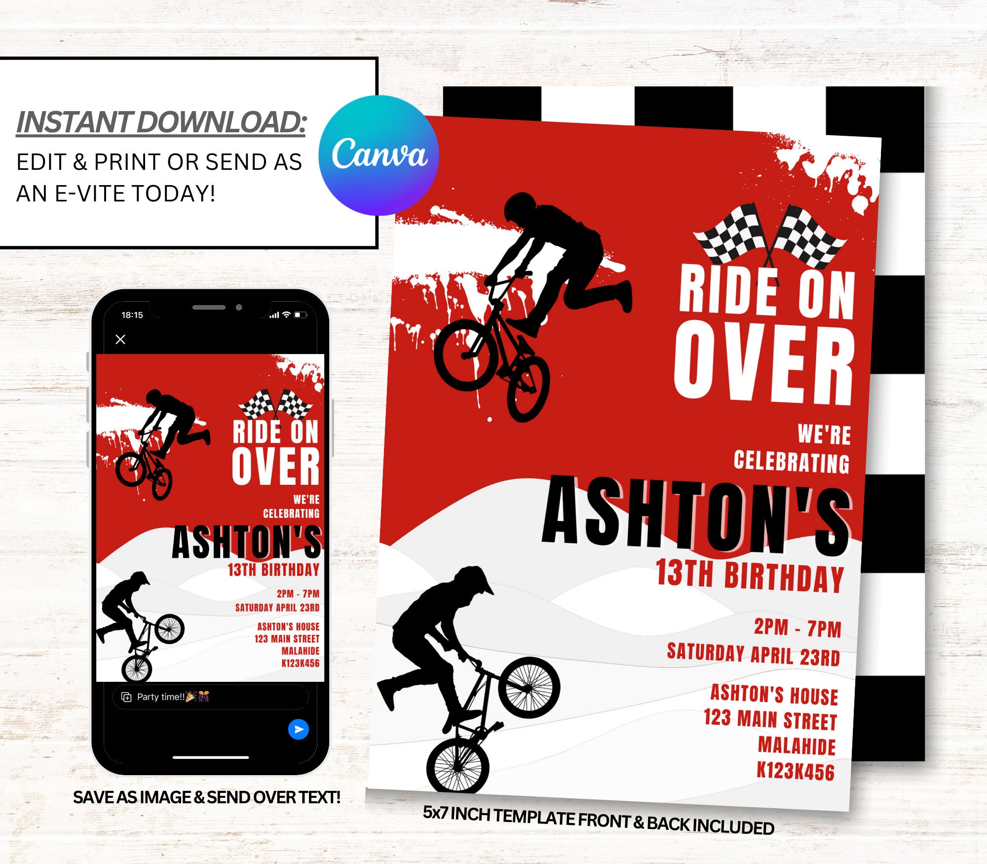 BMX Birthday Invitations, BMX Invites, Biker Invites, Instant Download ...