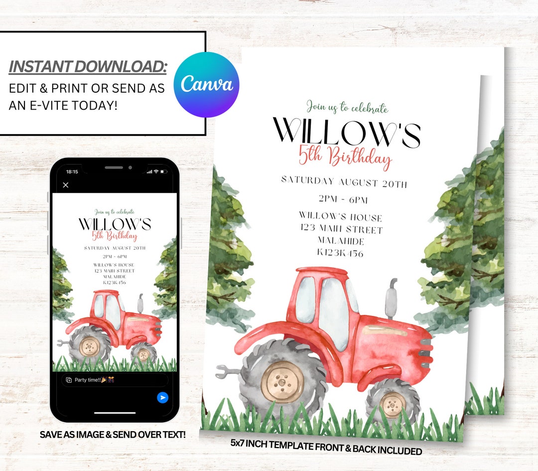 Red Tractor Invitation, Farm Tractor Invitations, Farming Invites ...