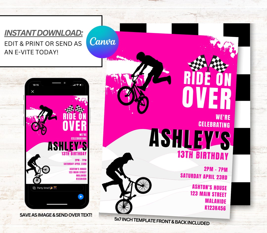 BMX Birthday Invitations, BMX Invites, Biker Invites, Instant Download ...