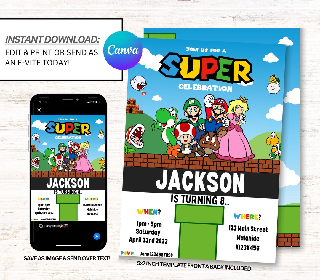 Invitación de cumpleaños de Super Mario Bros, invitación de Mario ...