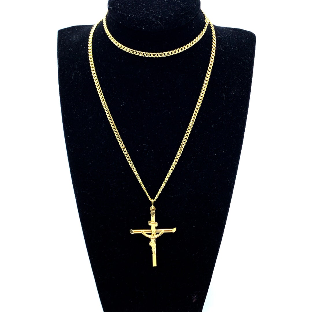 Miami Cuban Chain With Cross Pendant 14K Yellow Gold 656 - Etsy