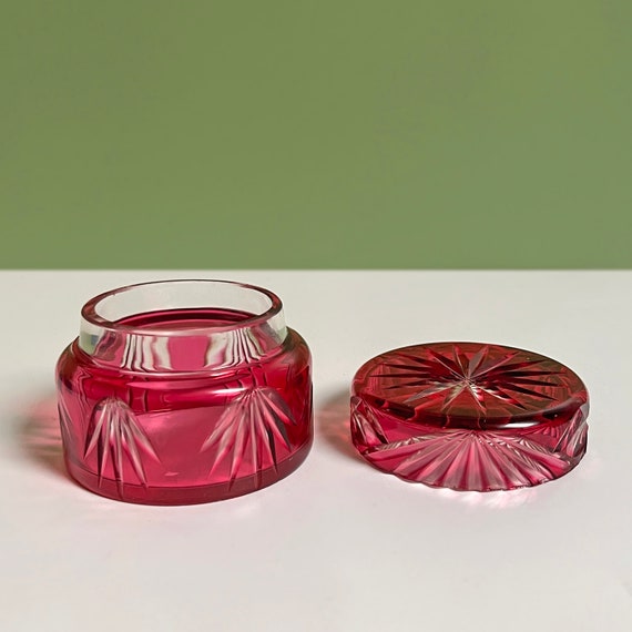 Cranberry glass trinket dish with lid, Bohemian glass… - Gem