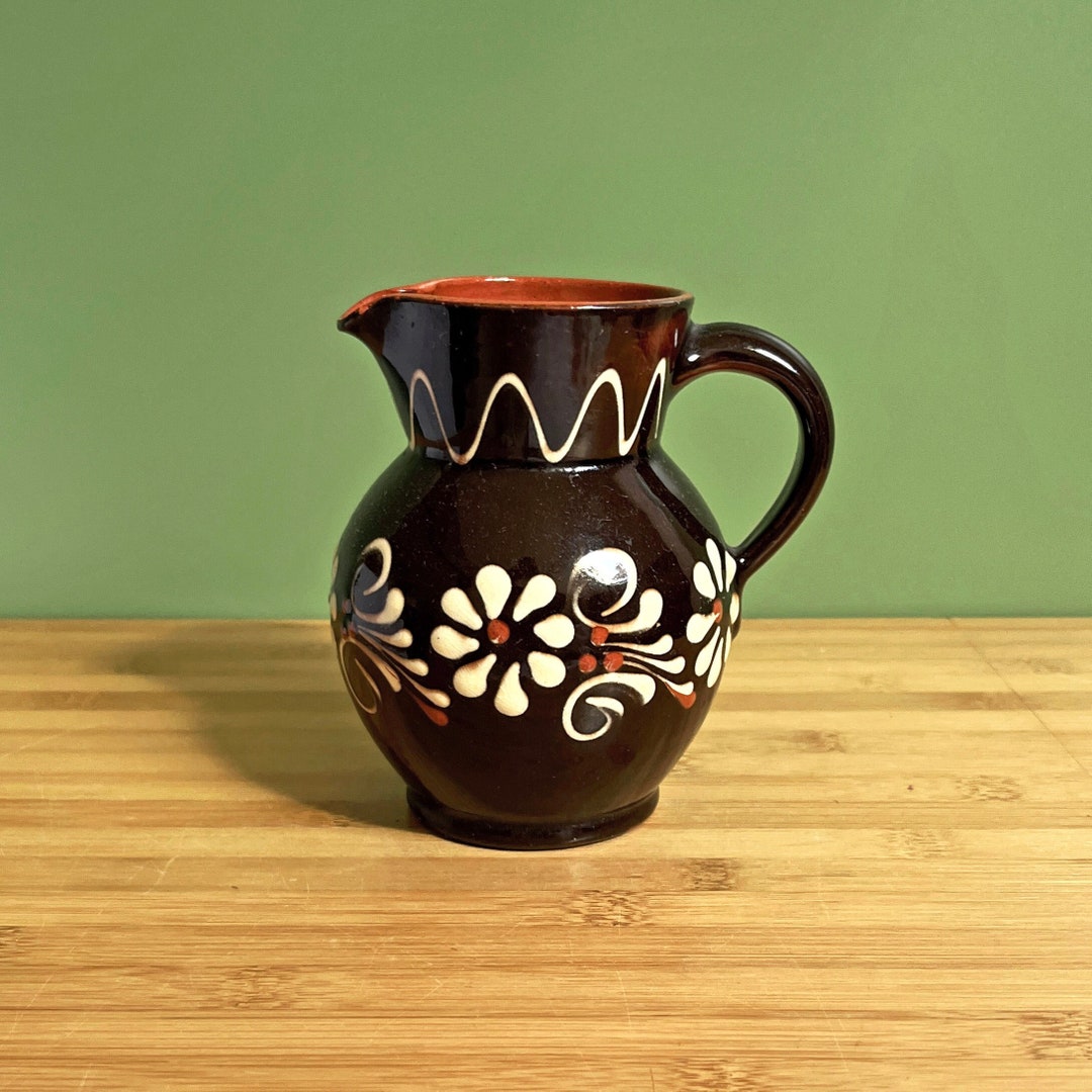 Vintage Studio Pottery Jug: Dark Brown Earthenware With Daisy Pattern ...