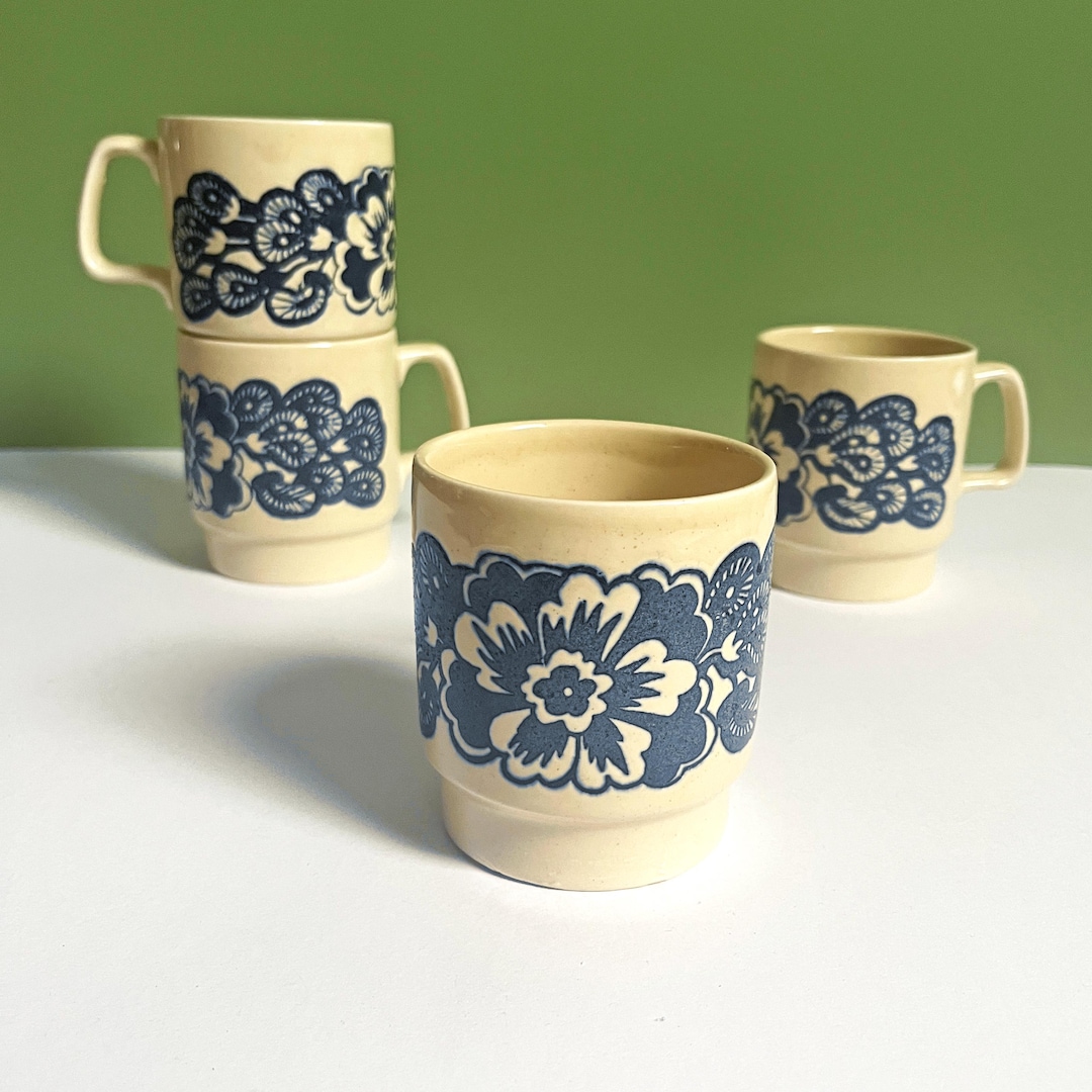 Vintage Royal Alma Ironstone Mugs - Set of 4 - Blue Floral ...