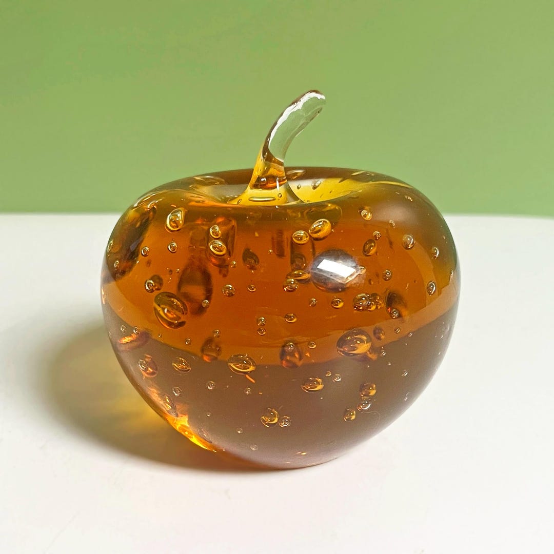 Controlled Bubble Amber Glass Apple Paperweight: Midcentury Home Decor ...