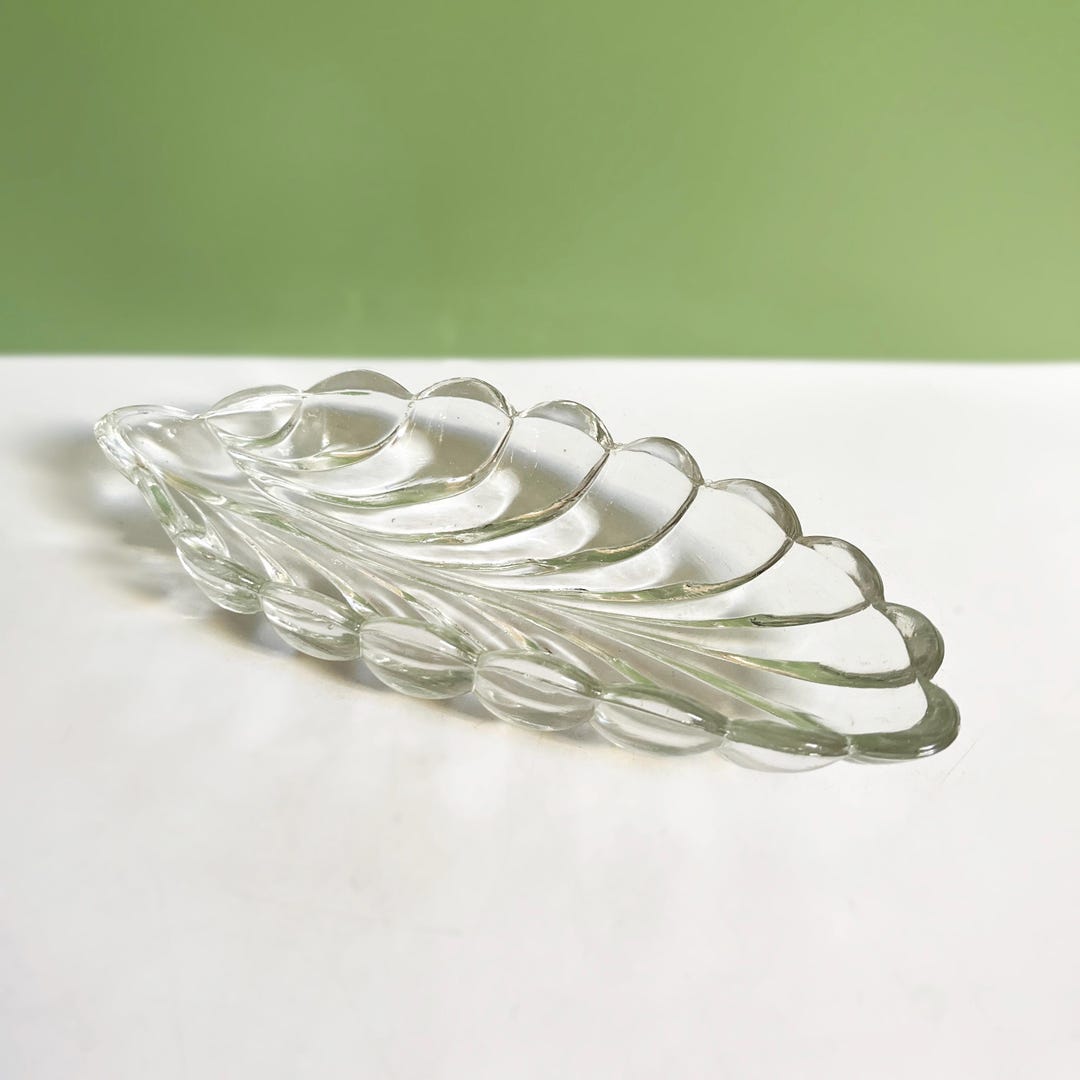 Art Deco Bagley Glass Leaf Shaped Dish, Mid Century Clear Glass Trinket ...