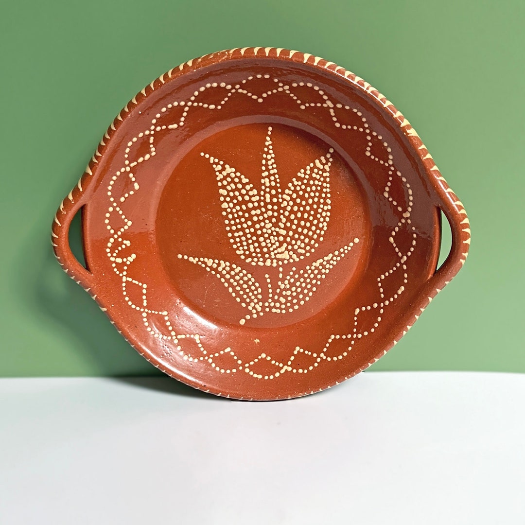 Terracotta Portuguese Slipware Dish With Two Handles From Portugal ...