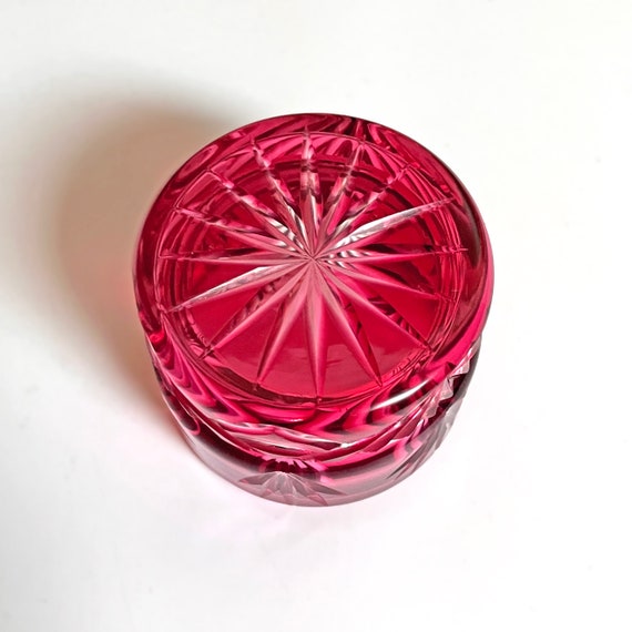 Cranberry glass trinket dish with lid, Bohemian glass… - Gem