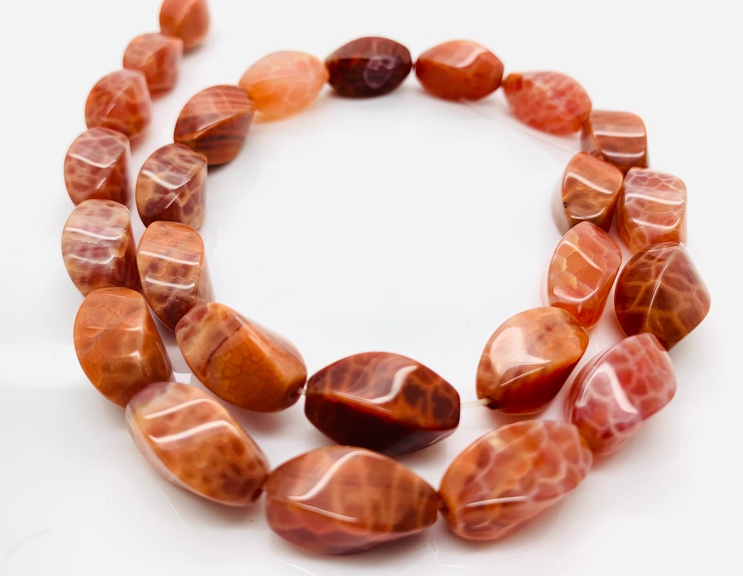Fire Agate Beads, Red Fire Agate Twisted Barrel Puffed Oval Natural ...