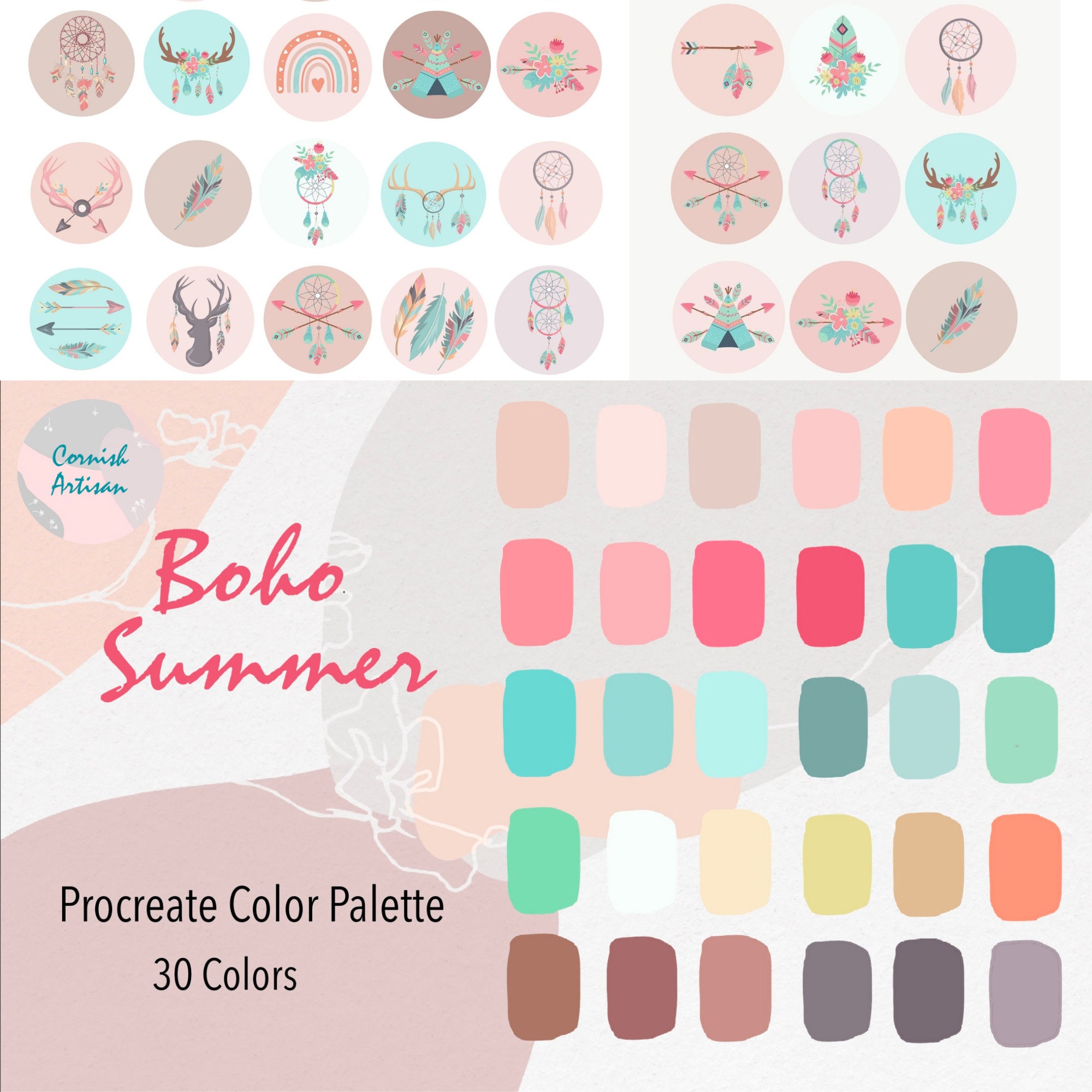 Procreate Color Palette, Boho Summer, Colour Palette. Coral, Turquoise ...