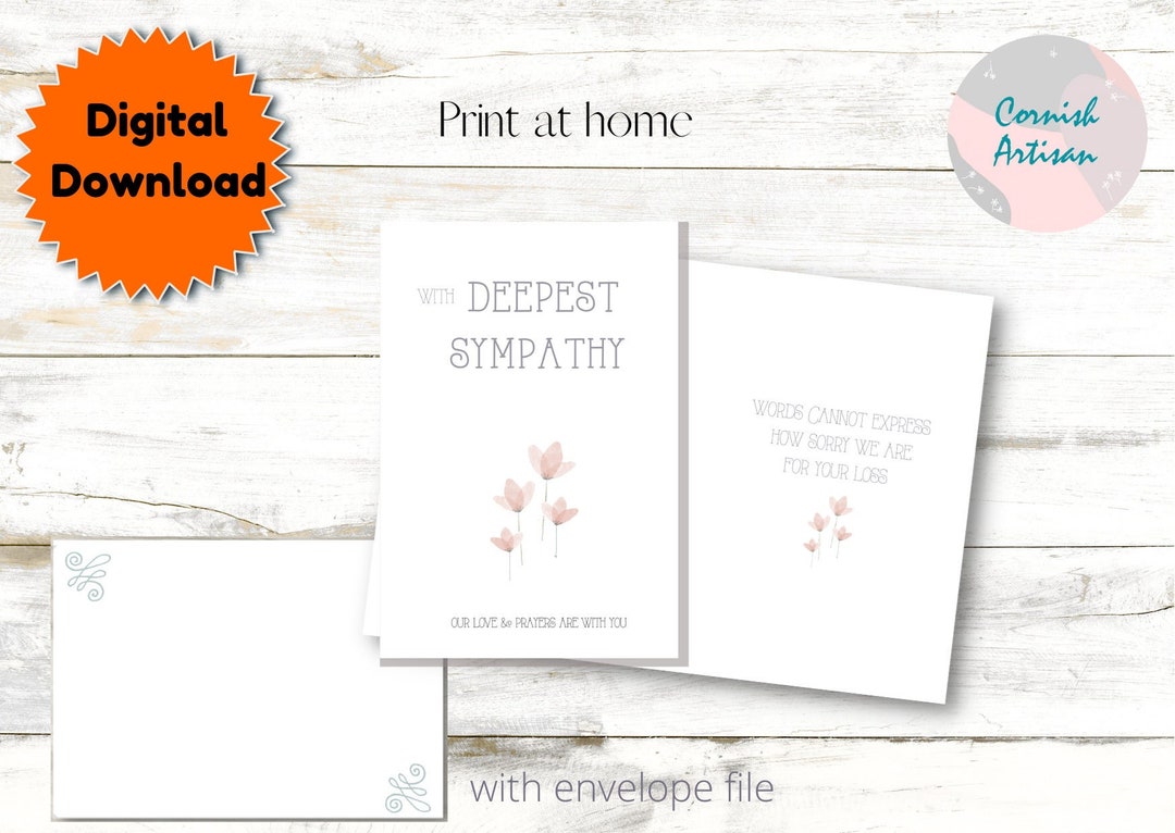 Sympathy Card & Envelope INSTANT DOWNLOAD Printable Decorated Inside ...